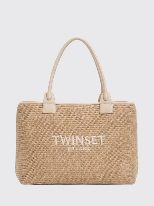 TWINSET Raffia Shopper Bag With Embroidered Logo - Sand