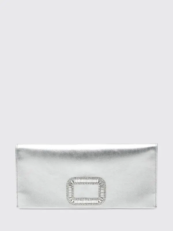 ROGER VIVIER Pilgrim Laminated Leather Clutch With Jewel Buckle - Silver