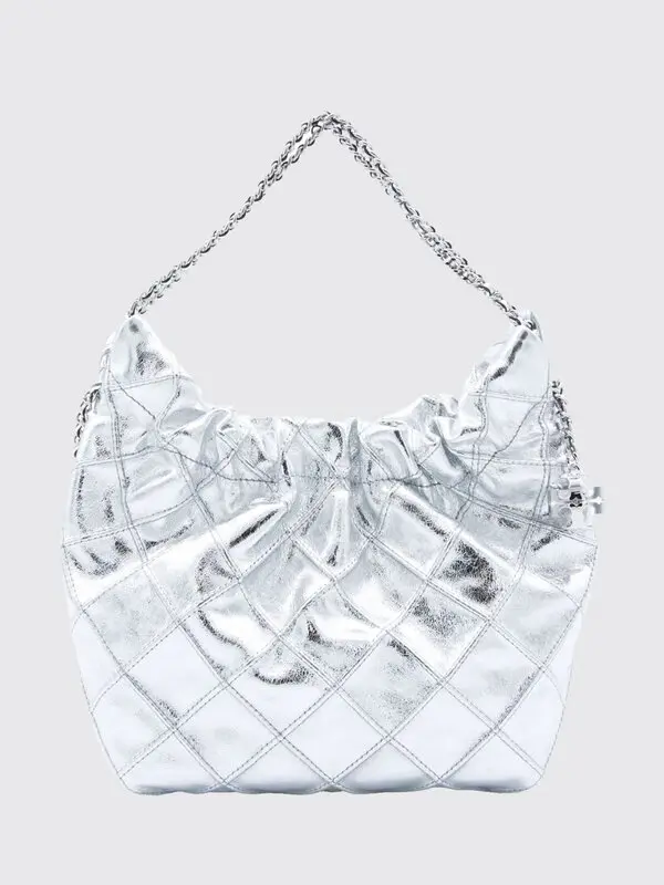 Tory Burch Fleming Mini Hobo Bag In Laminated Leather - Silver