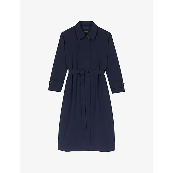 Maje Woven Trench Coat With Detachable Hood - Navy