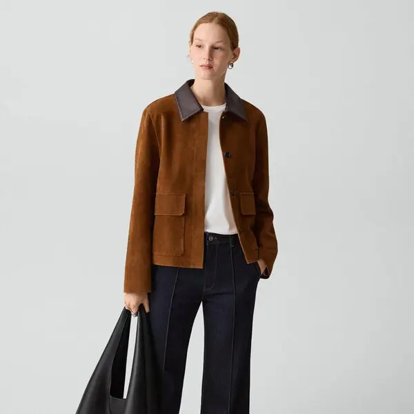 Theory Boxy Suede Patch Pocket Jacket - Rust