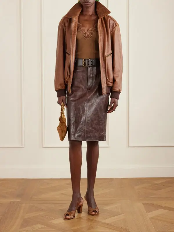 Saint Laurent Belted Leather Pencil Skirt - Brown