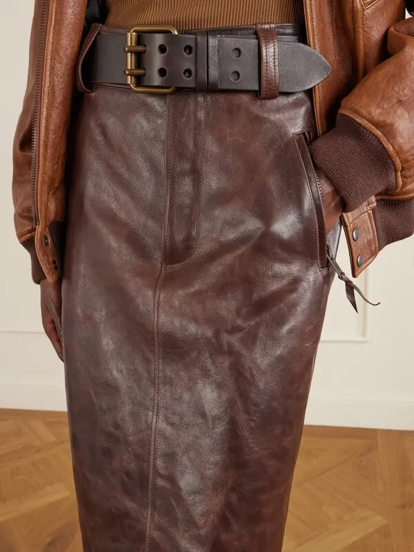 Saint Laurent Belted Leather Pencil Skirt - Brown