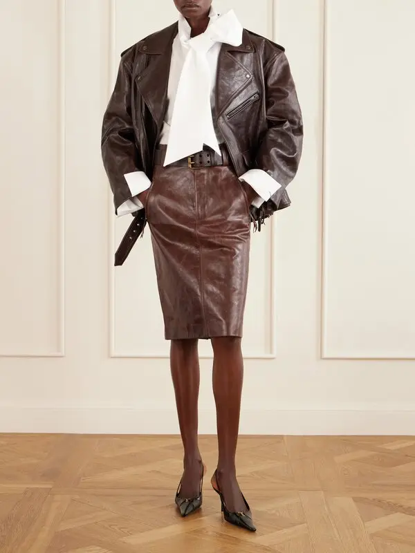 Saint Laurent Belted Leather Pencil Skirt - Brown