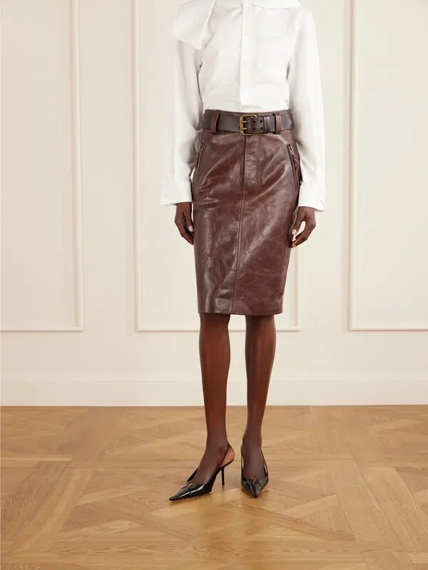 Saint Laurent Belted Leather Pencil Skirt - Brown