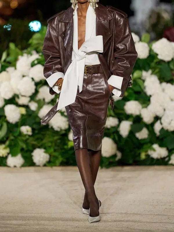 Saint Laurent Belted Leather Pencil Skirt - Brown