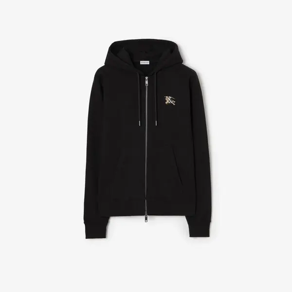 Burberry Check Knight Stamp Cotton Zip Hoodie - Black