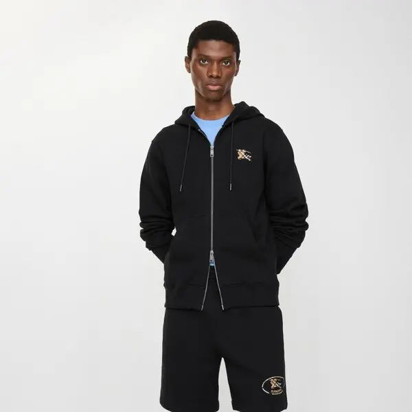 Burberry Check Knight Stamp Cotton Zip Hoodie - Black