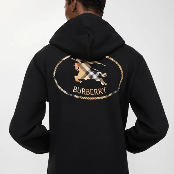 Burberry Check Knight Stamp Cotton Zip Hoodie - Black