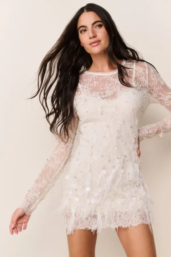 LoveShackFancy Alouetta Embellished Lace Mini Dress - Ivory