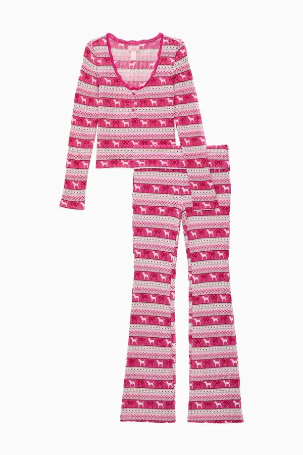 LoveShackFancy Pink X Waffle Henley And Pant Set - Peppermint Pink Fairisle