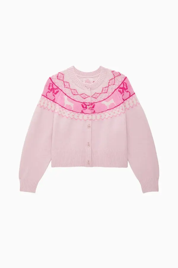 LoveShackFancy Pink X Boxy Crew Cardigan Sweater - Pink Tulip Fairisle