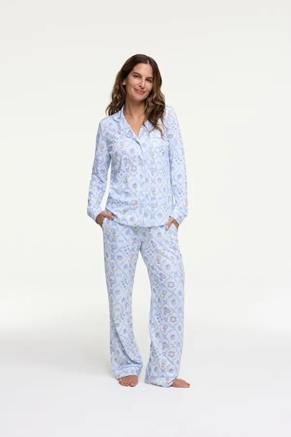 LoveShackFancy X Roller Rabbit Starry Nights Lattice Long Sleeve Polo Pajamas - Blue