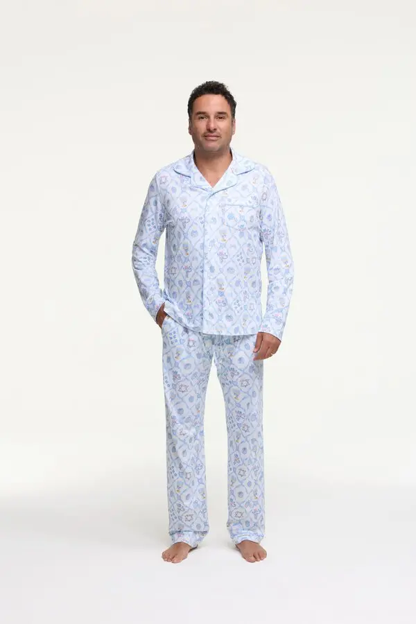 LoveShackFancy X Roller Rabbit Starry Nights Lattice Long Sleeve Pajamas - Blue