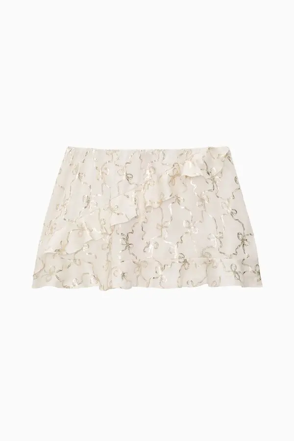 LoveShackFancy Satin Flounce Mini Skirt - Coconut White Shine Ribbon