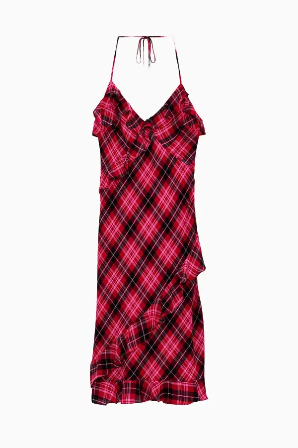LoveShackFancy Printed Chiffon Cascade Ruffle Midi Dress - Holly Tartan