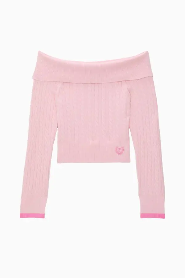 LoveShackFancy Off-the-shoulder Cable Knit Sweater - Pink Tulip