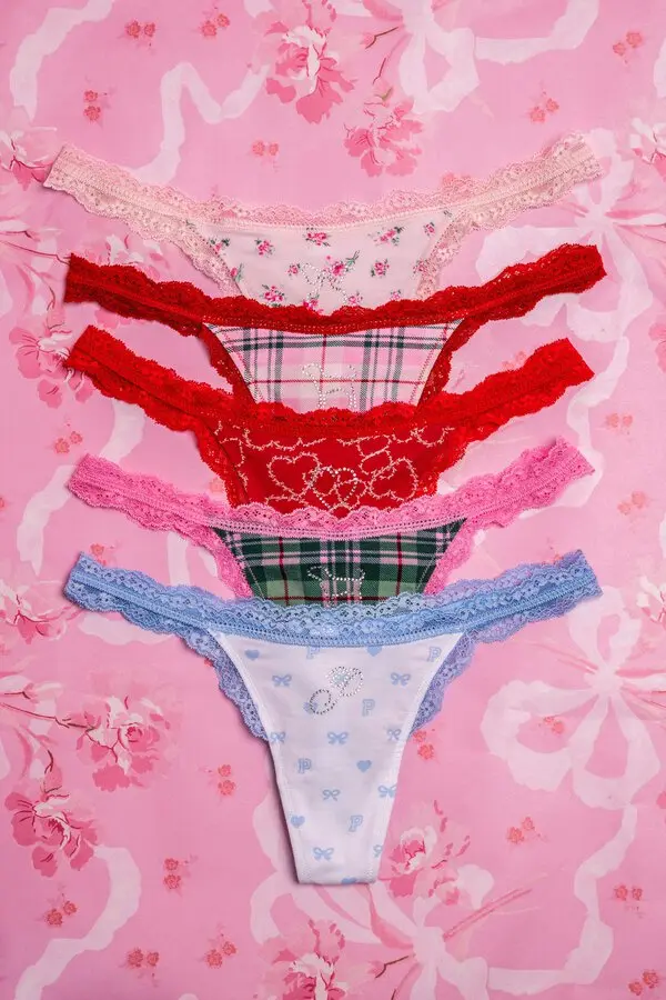 LoveShackFancy Pink X Wink Cotton Thong Panties Pack Of 5 - Shine Graphic Pack