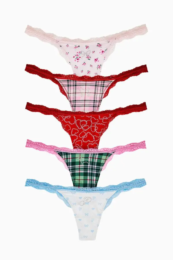 LoveShackFancy Pink X Wink Cotton Thong Panties Pack Of 5 - Shine Graphic Pack
