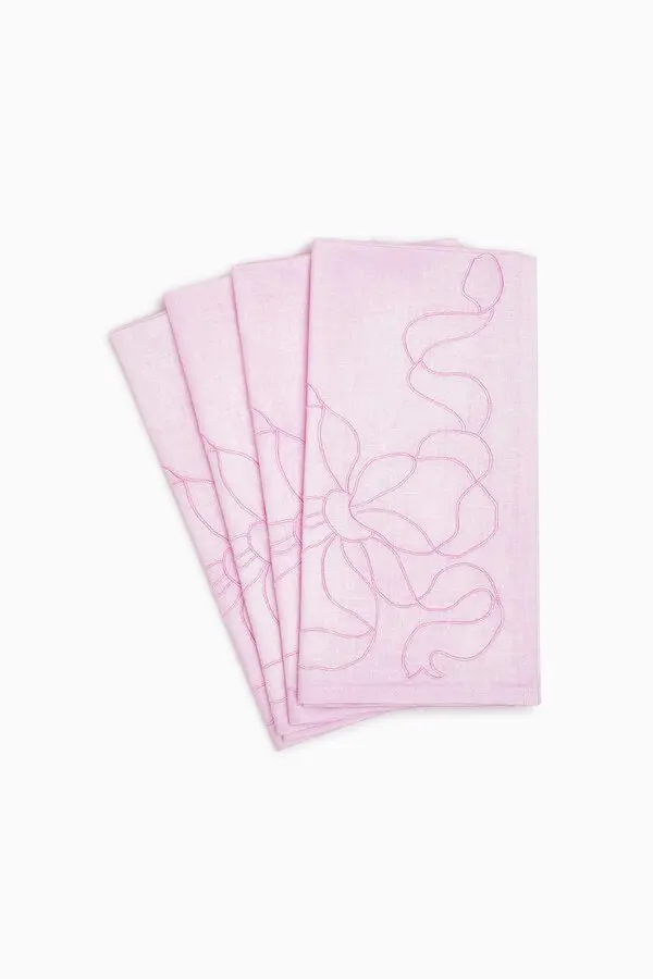 LoveShackFancy Embroidered Linen Bow Napkins Set Of 4 - Powder Pink