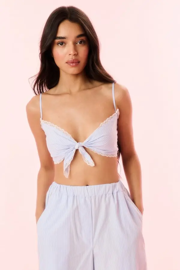 LoveShackFancy Arvine Cotton Pinstripe Bra Top - Sky Lagoon