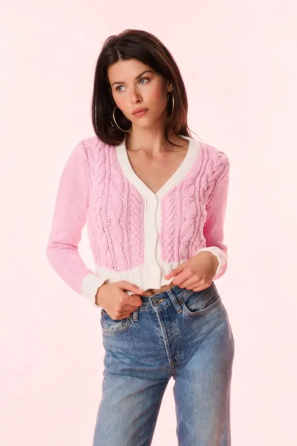 LoveShackFancy Hyacinth Cropped Cable Knit Cardigan - Strawberry Glaze