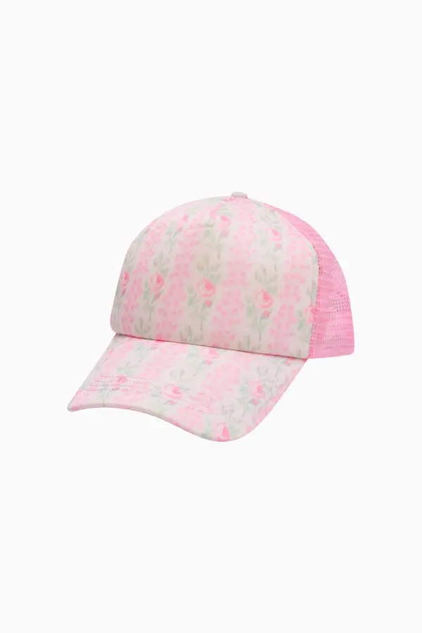 LoveShackFancy Joni Heirloom Print Trucker Cap - Strawberry Macaroon