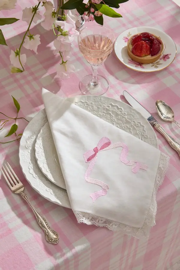 LoveShackFancy Embroidered Napkins Set Of 4 - Pink Ribbon