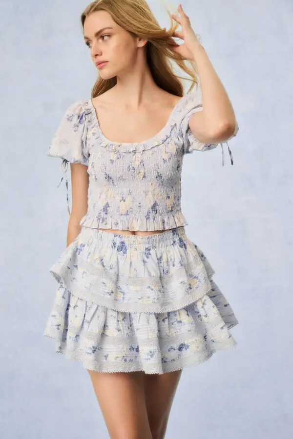 LoveShackFancy Molly Heirloom Print Puff Sleeve Top - Whisper Blue