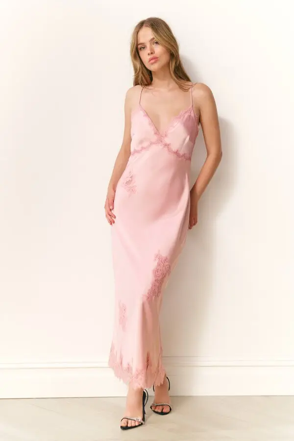 LoveShackFancy Sorone Satin Lace Maxi Slip Dress