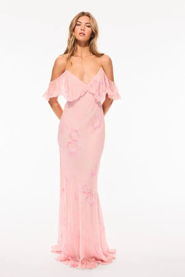 LoveShackFancy Librae Floral Off-the-shoulder Gown - Pink Clementine