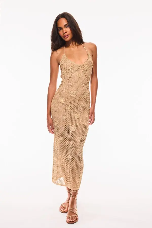 LoveShackFancy Vreya Metallic Crochet Halter Midi Dress