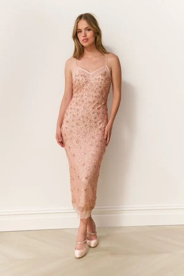 LoveShackFancy Mirrian Beaded Column Dress - Dusty Rose