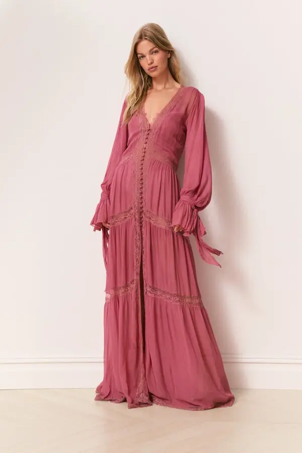 LoveShackFancy Lyvienne Chiffon Lace Maxi Gown - Deep Rose