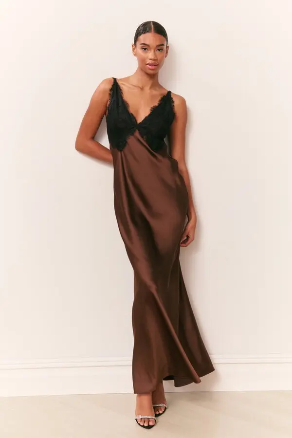 LoveShackFancy Iridia Satin Maxi Slip Dress - Chocolate Brown
