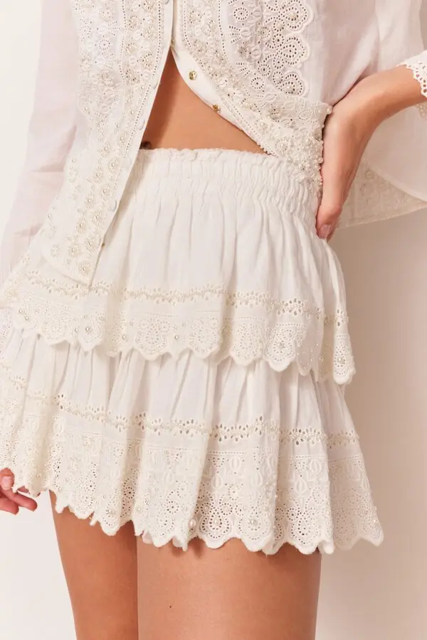 LoveShackFancy Ruffle Mini Pearl-embellished Skirt - Off White