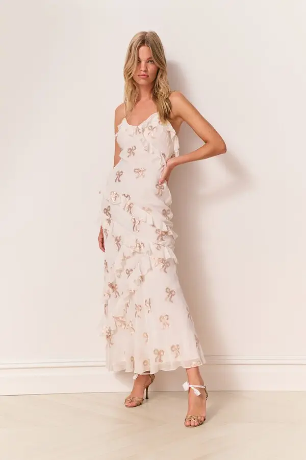 LoveShackFancy Secret Crush Rialto Metallic Bow Print Dress - Chantilly Shimmer