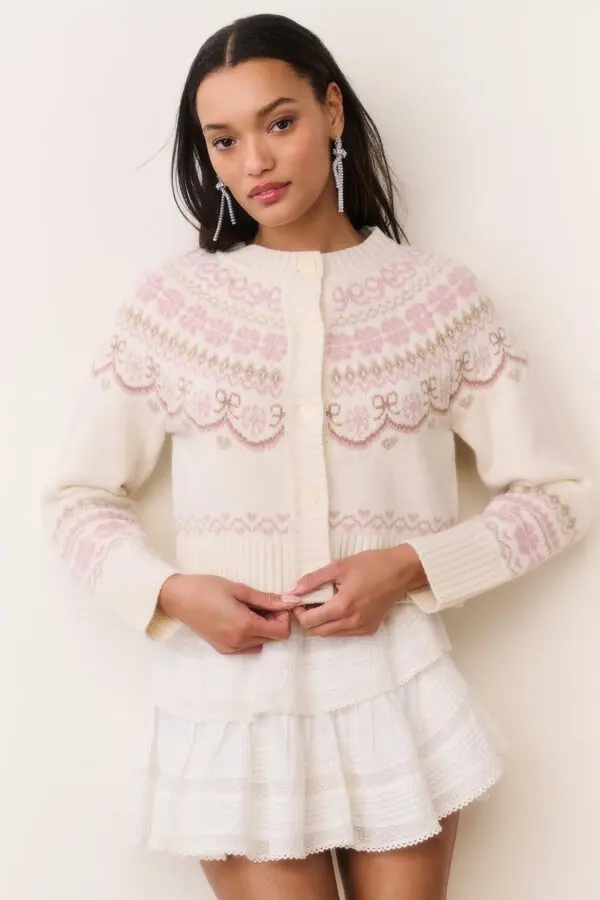 LoveShackFancy Shantae Wool Fair Isle Cardigan - Pink Champagne
