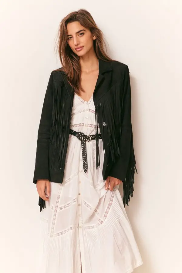 LoveShackFancy Geraline Suede Fringe Jacket - Black