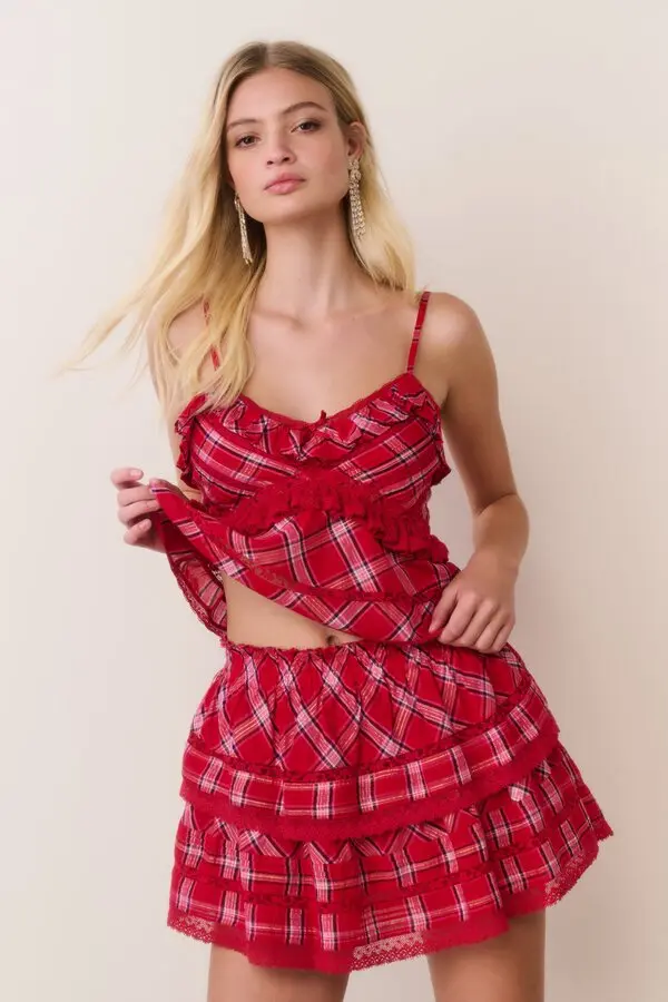 LoveShackFancy Ruffle Mini Tartan Skirt - Cherry Jubilee
