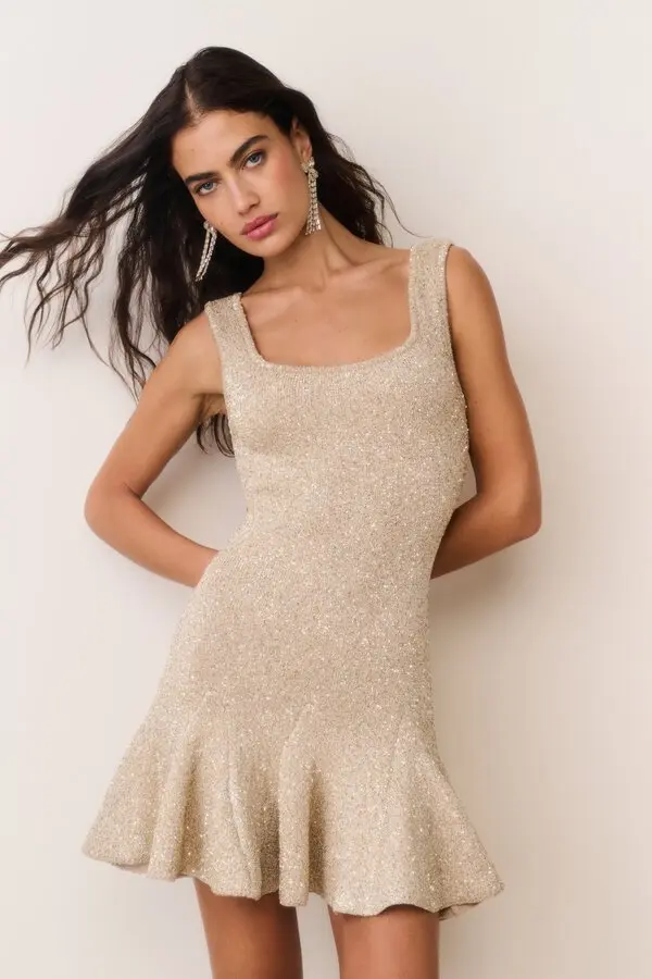 LoveShackFancy Sarajane Sequin Knit Mini Dress - Honey Gold