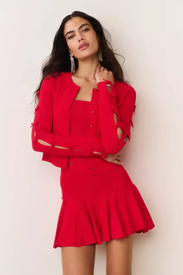 LoveShackFancy Zoriah Rib Pointelle Knit Cardigan - Candy Apple