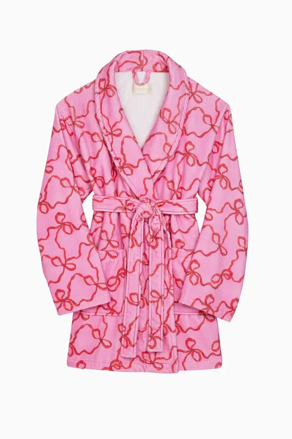 LoveShackFancy Indie Cotton Bow Print Bath Robe - Crimson Candy