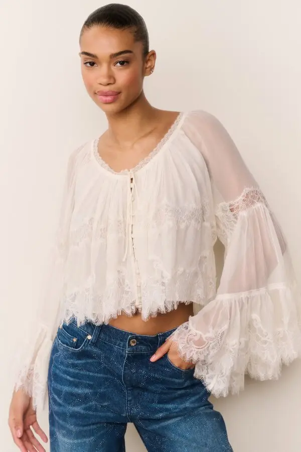 LoveShackFancy Darline Chiffon Lace Blouse