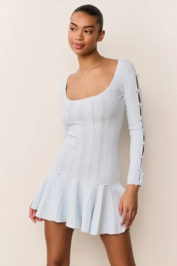 LoveShackFancy Seychelle Ribbed Pointelle Knit Dress With Bow Detailing - Candy Apple