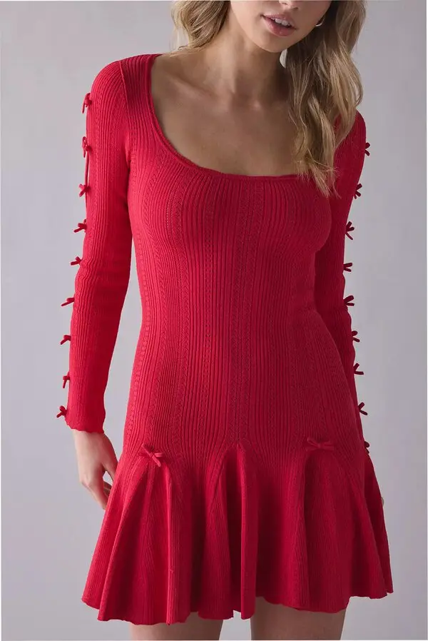 LoveShackFancy Seychelle Ribbed Pointelle Knit Dress With Bow Detailing - Candy Apple