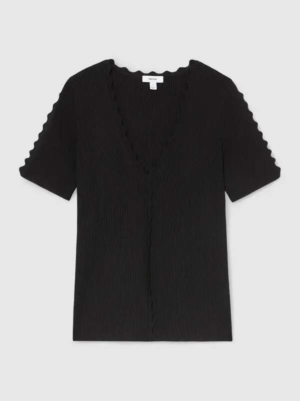REISS Marcy Scallop-trim Rib-knit Top - Black