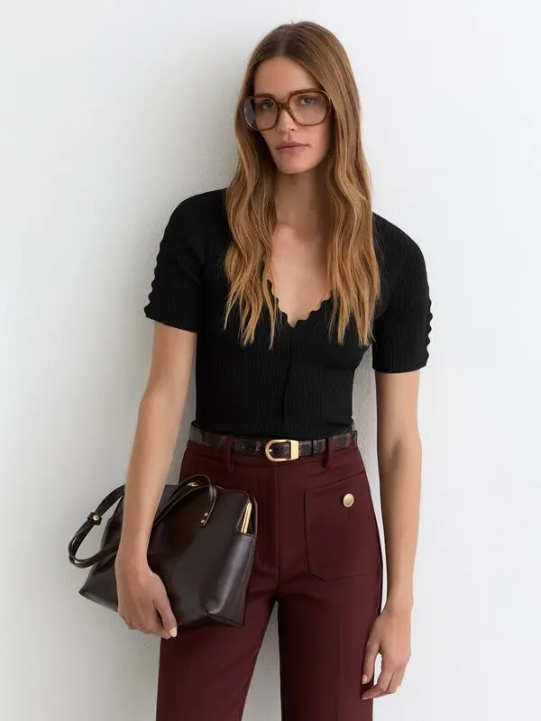 REISS Marcy Scallop-trim Rib-knit Top - Black