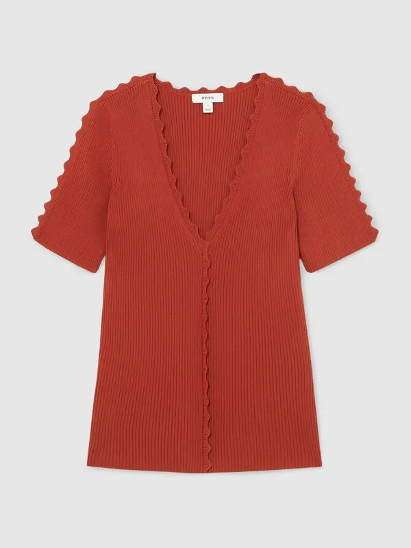REISS Marcy Scallop-trim Rib-knit Top - Rust Red