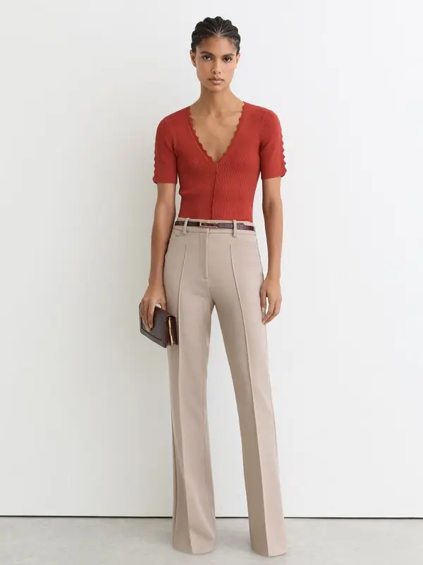 REISS Marcy Scallop-trim Rib-knit Top - Rust Red